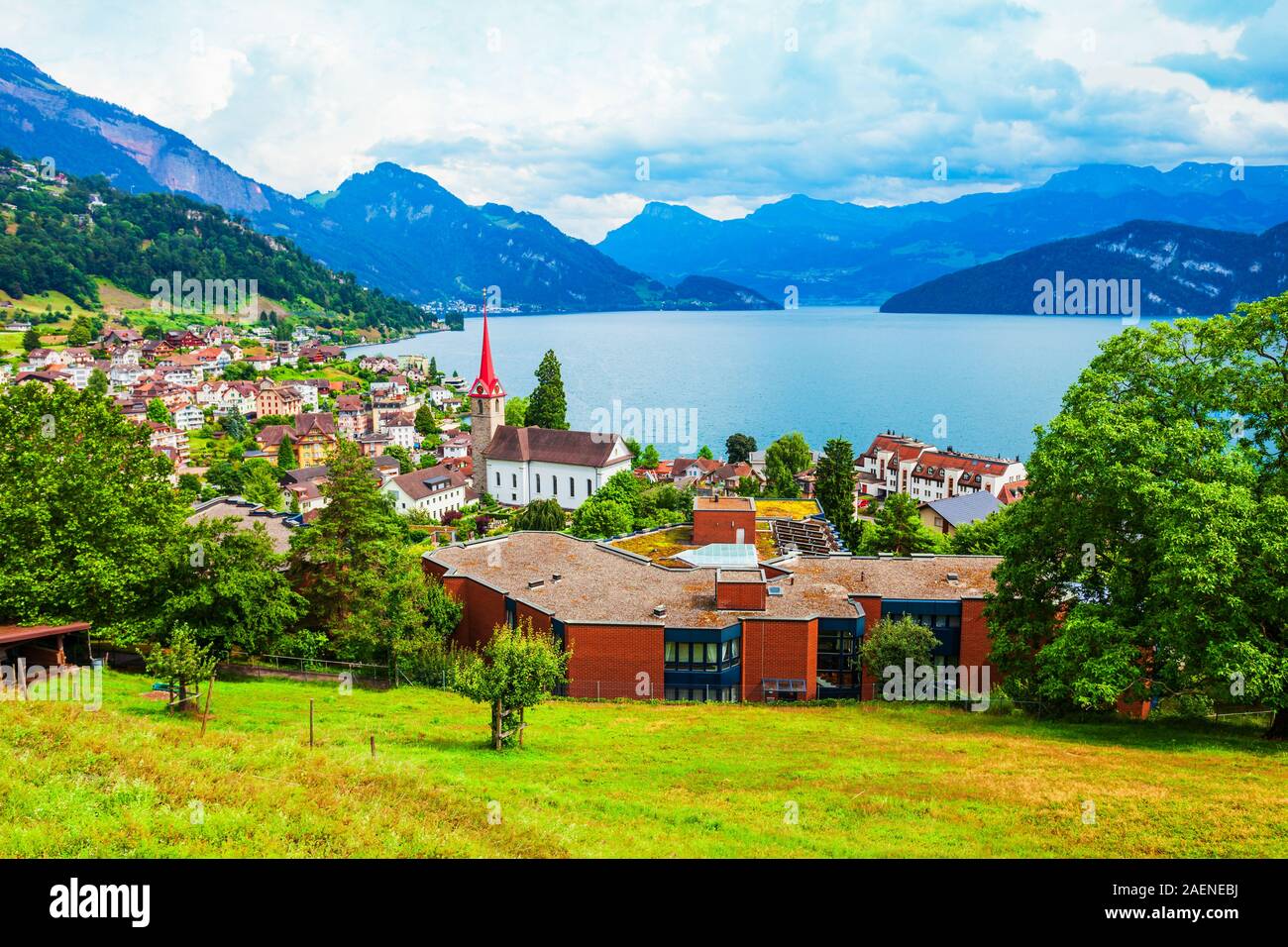 Weggis aerial panoramic view. Weggis is a town on the northern shore of ...