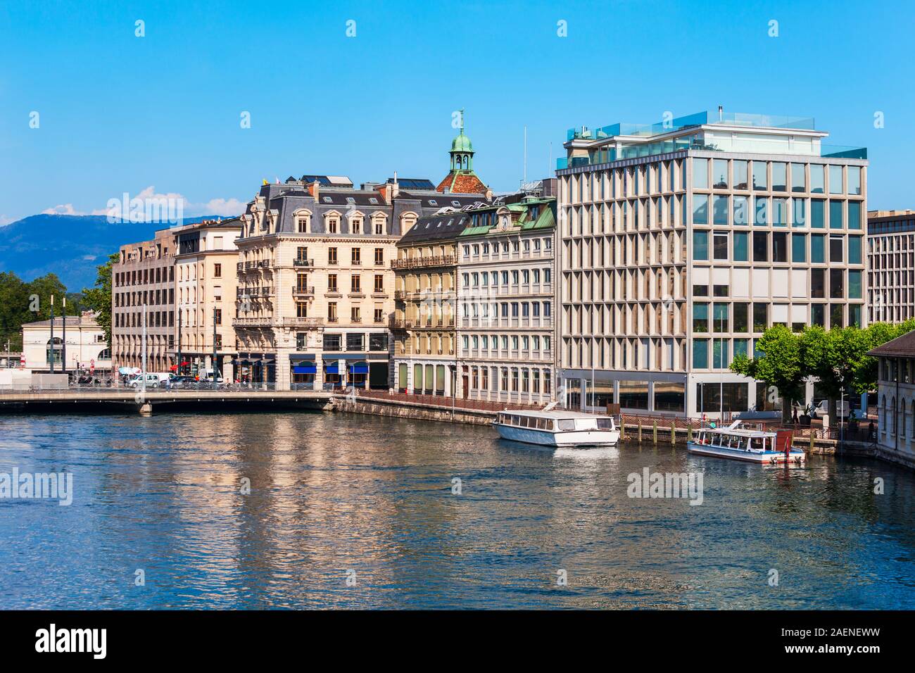 Geneva city centre aerial panoramic view. Geneva or Geneve is the ...