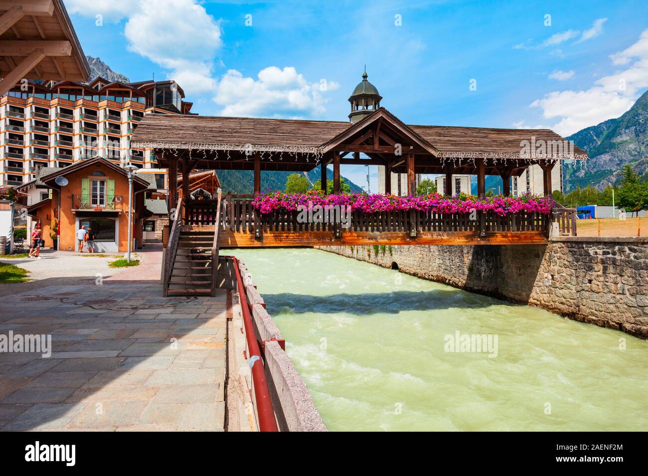 Beauty vintage bridge in Chamonix city centre. Chamonix Mont Blanc is a ...