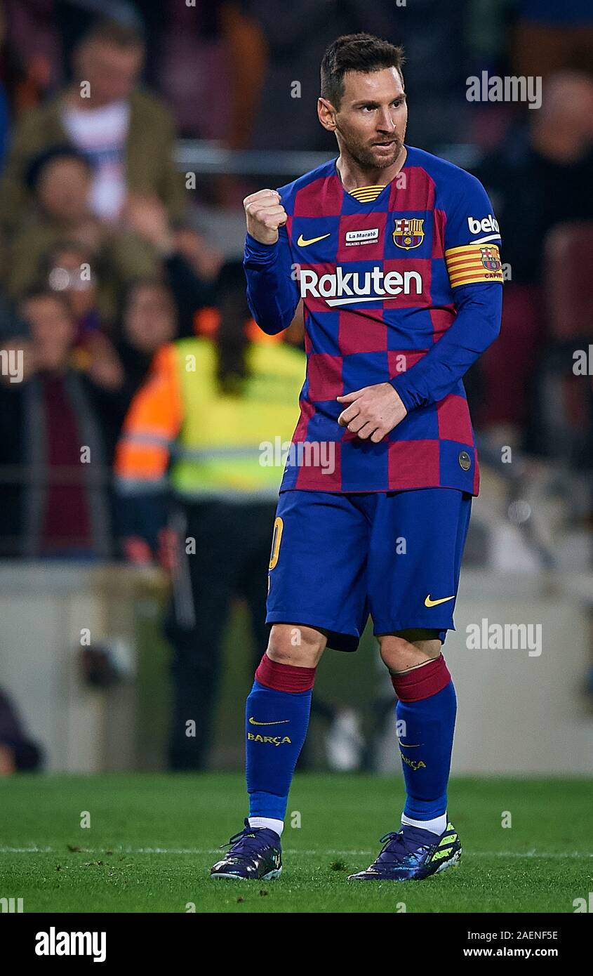 Barcelona, Spain. 07th Dec, 2019. Lionel Messi of Barcelona celebrates ...
