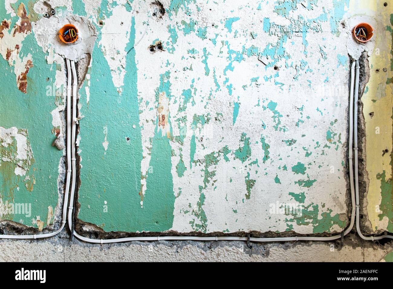 New electrical installation, socket boxes and electrical cables on the ...