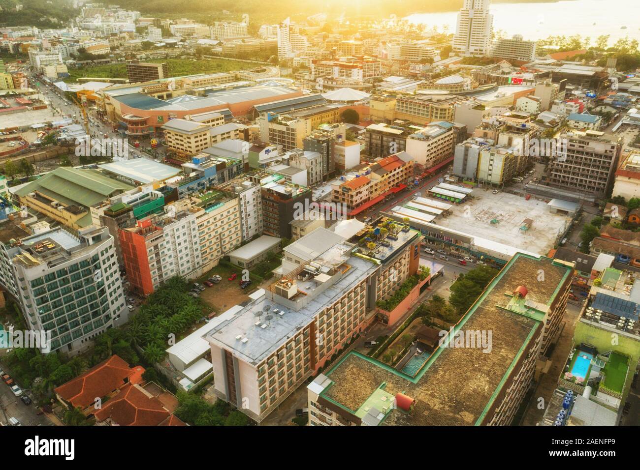 Patong Beach and city life Sunset time in Thailand Phuket Island Drone ...