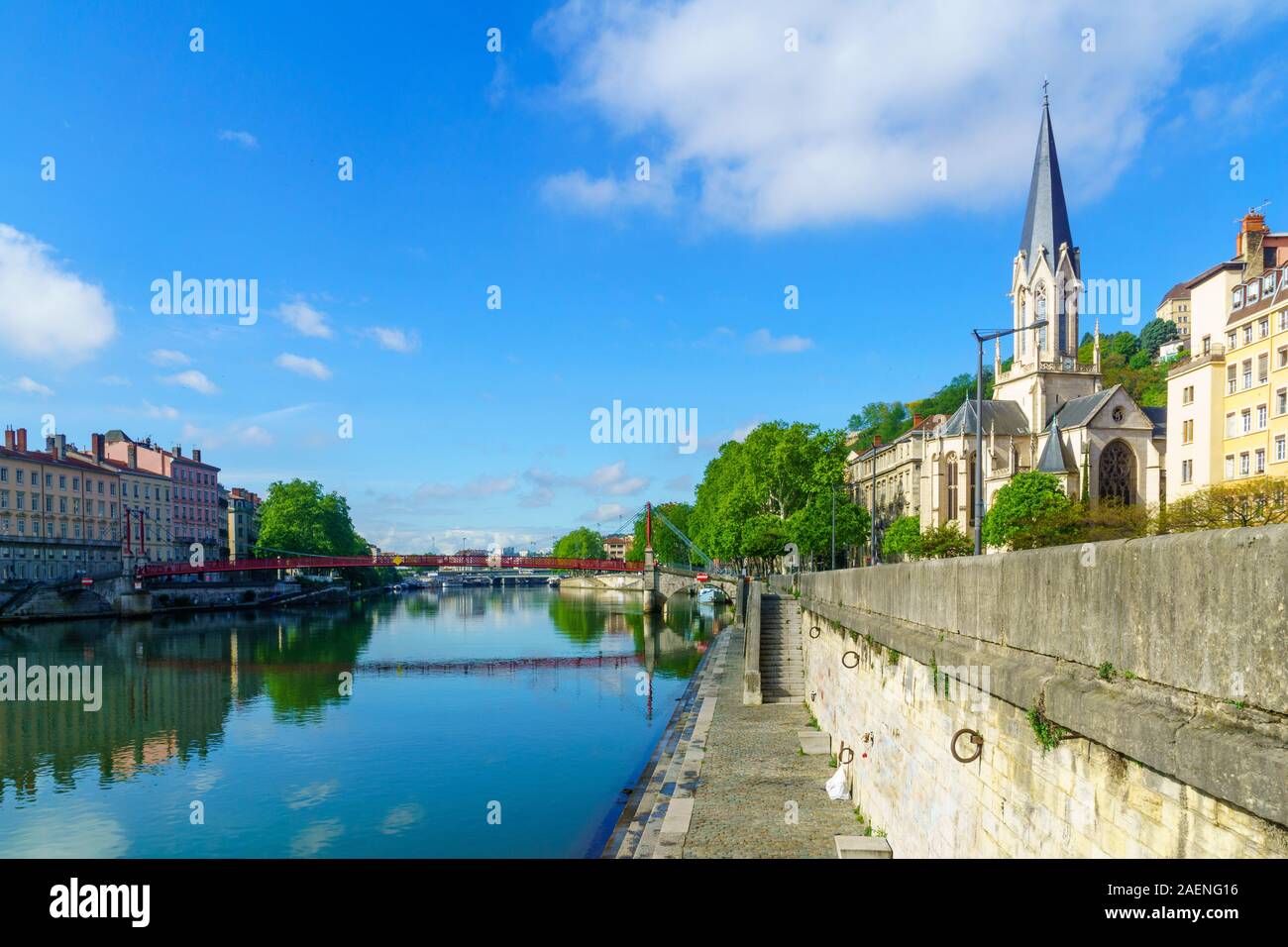 The Saone River, and Saint-Gorges church and bridge, in Old Lyon ...