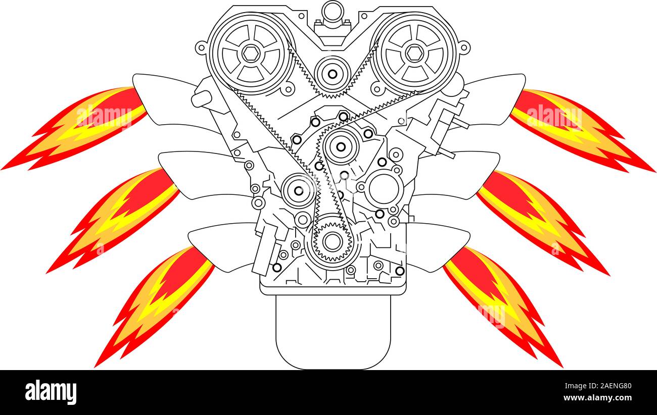 Internal combustion engine, with fire from the exhaust pipe. Vector ...