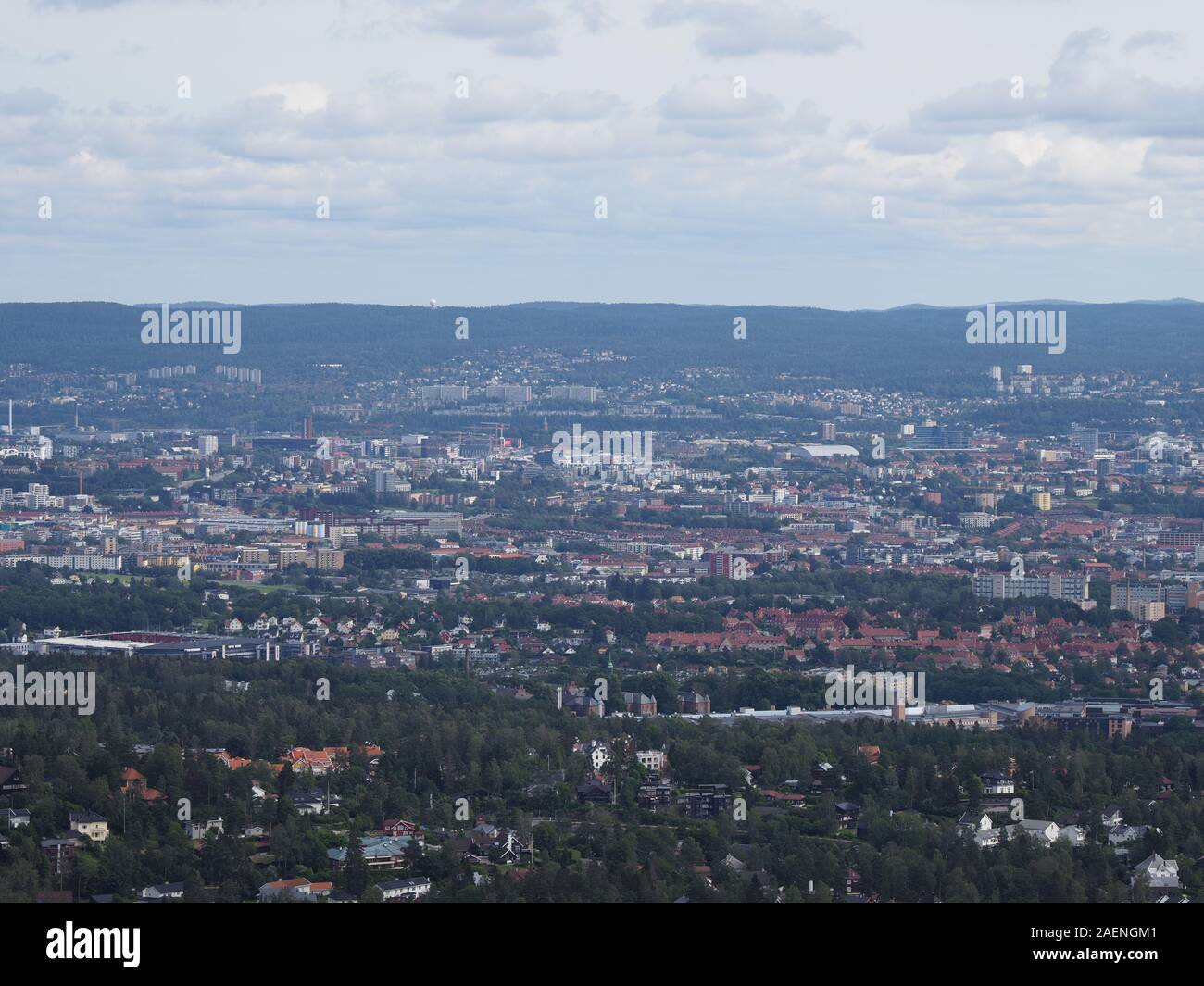 Panoramic landscape of european Oslo town in Holmenkollen district in ...