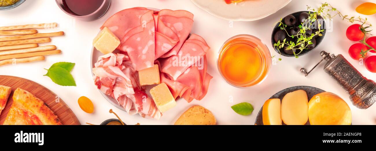 Italian food tasting. A panorama of typical products like baloney ham ...