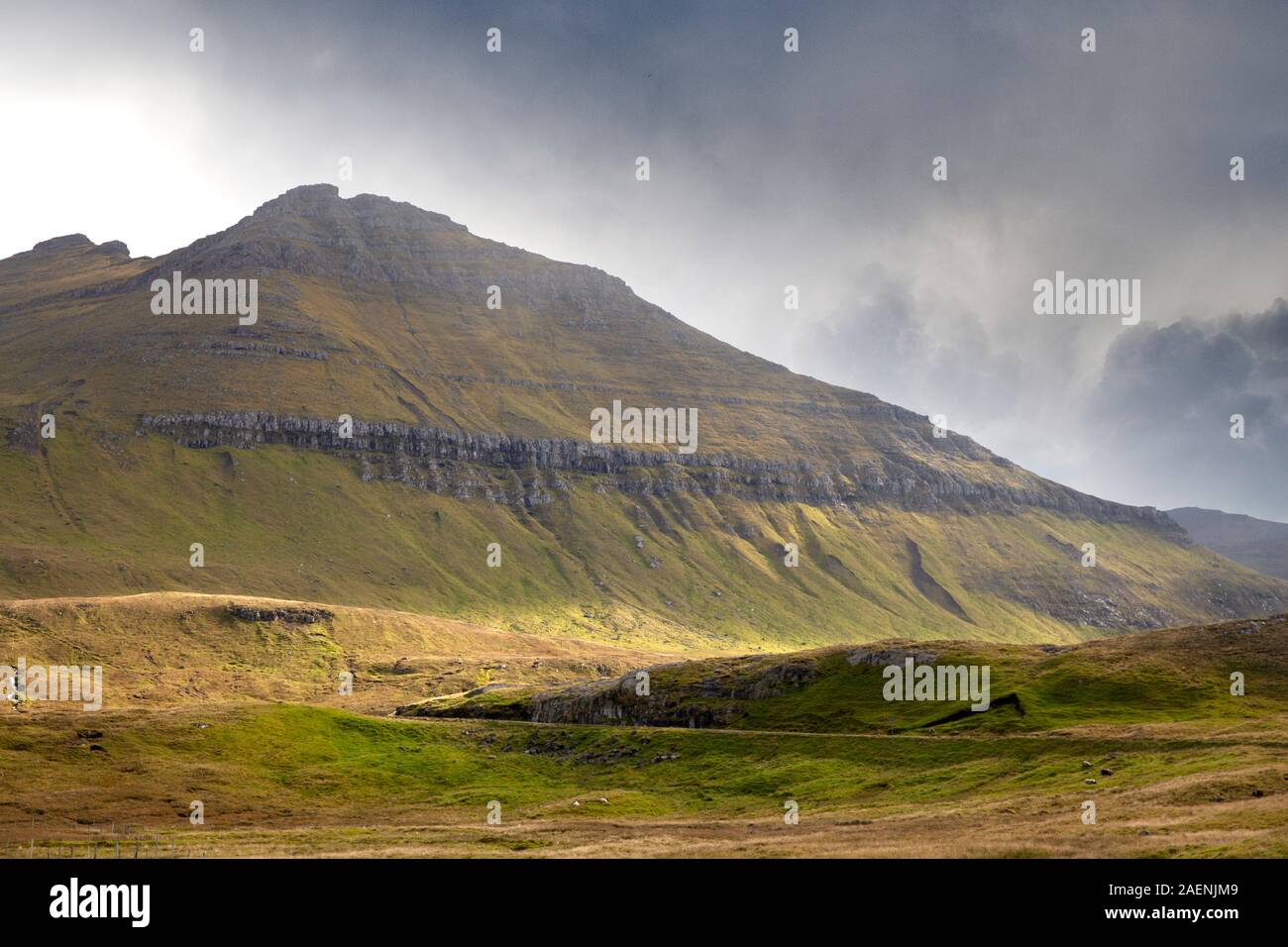 Dramatic landscape of Faroe islands showing pyramid mountains Stock ...