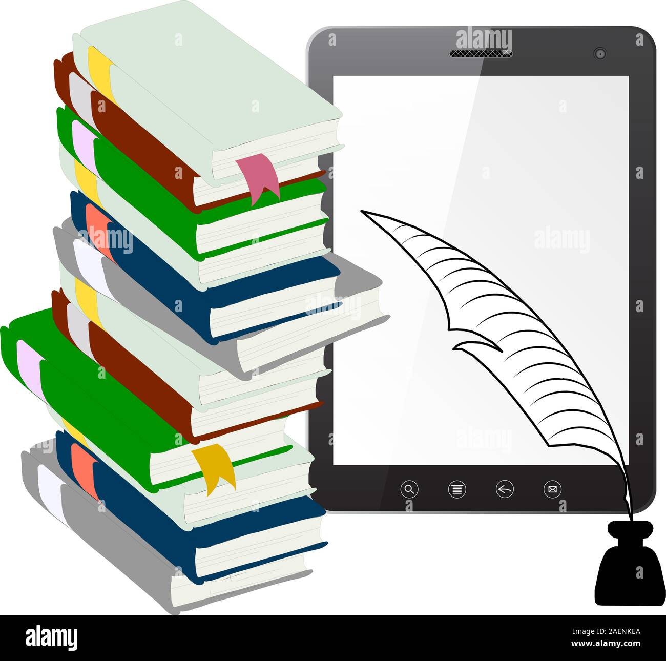Tablet PC computer with a pen and ink with books isolated on white ...