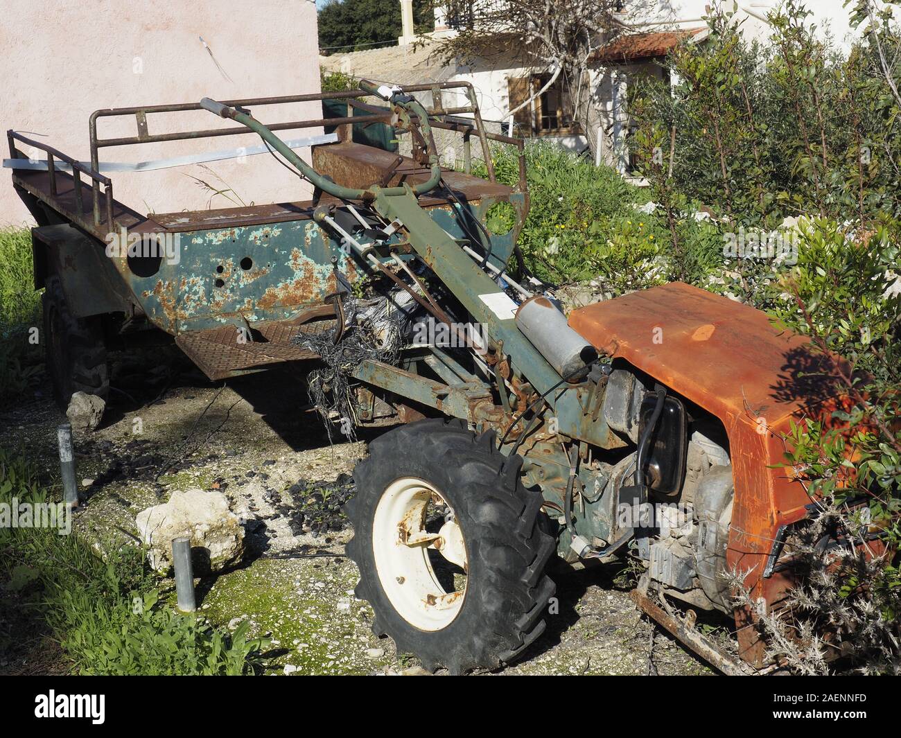 Vintage greek tractor and trailer in village of Afionas Corfu Island ...