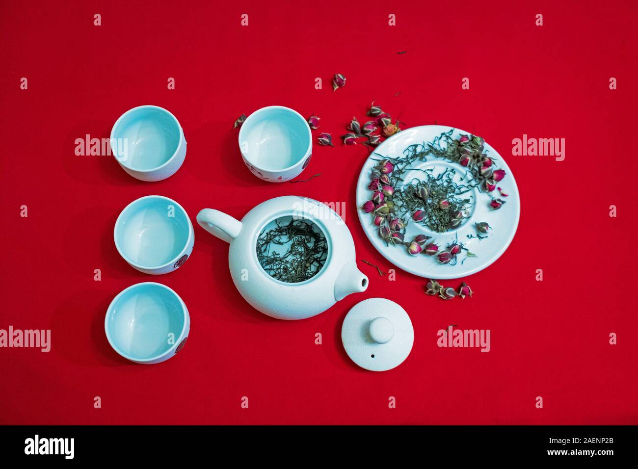 Tea composition with Chinese traditional tea cups and teapot on the ...