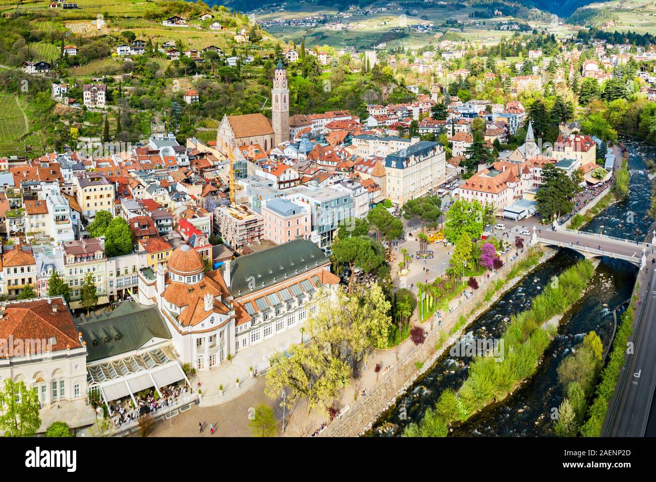 Merano city centre aerial panoramic view. Merano or Meran is a town in ...