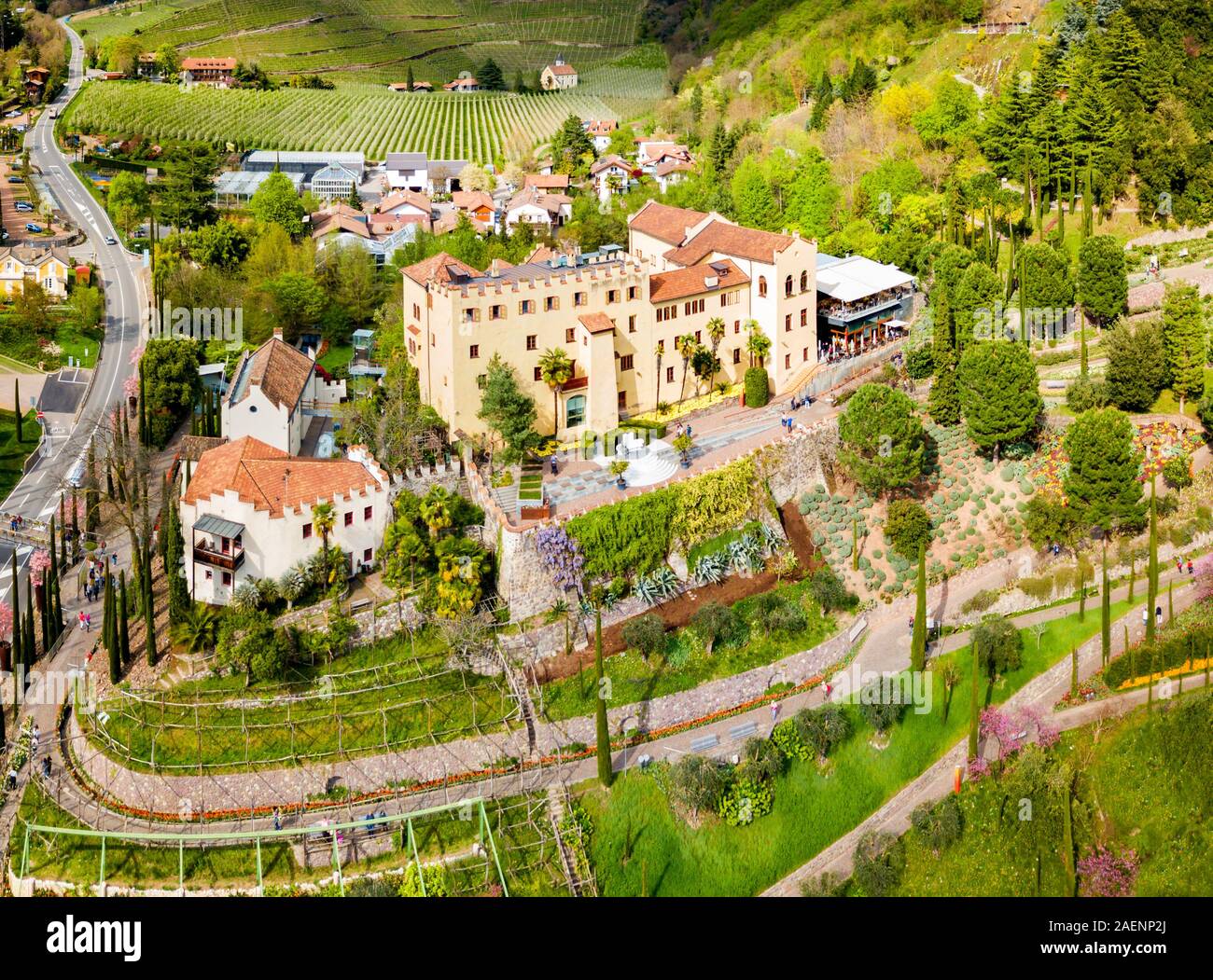 Aerial view of the Trauttmansdorff Castle Gardens, a botanical gardens ...