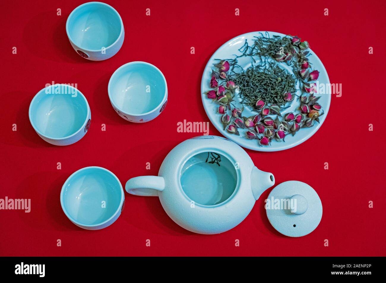 Tea composition with Chinese traditional tea cups and teapot on the ...