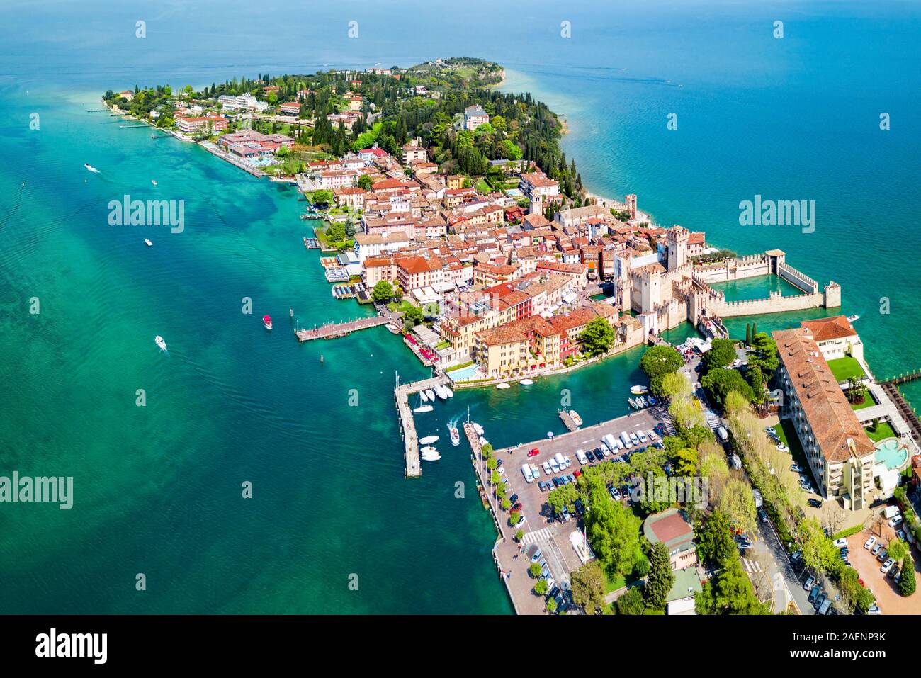 Aerial panoramic view of the Sirmione town at the Garda Lake in Italy ...