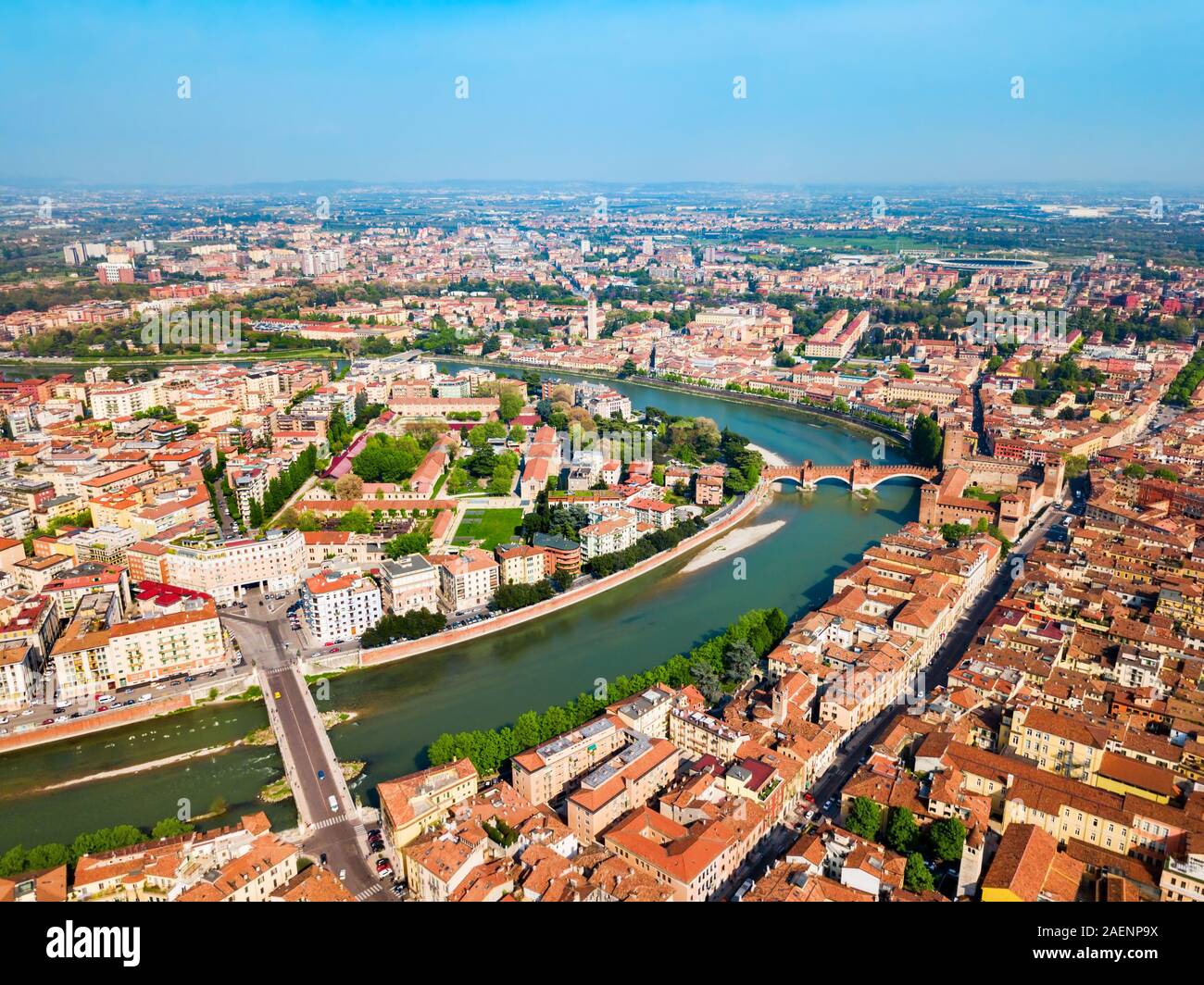 Verona city and Adige river aerial panoramic view in Veneto region in ...