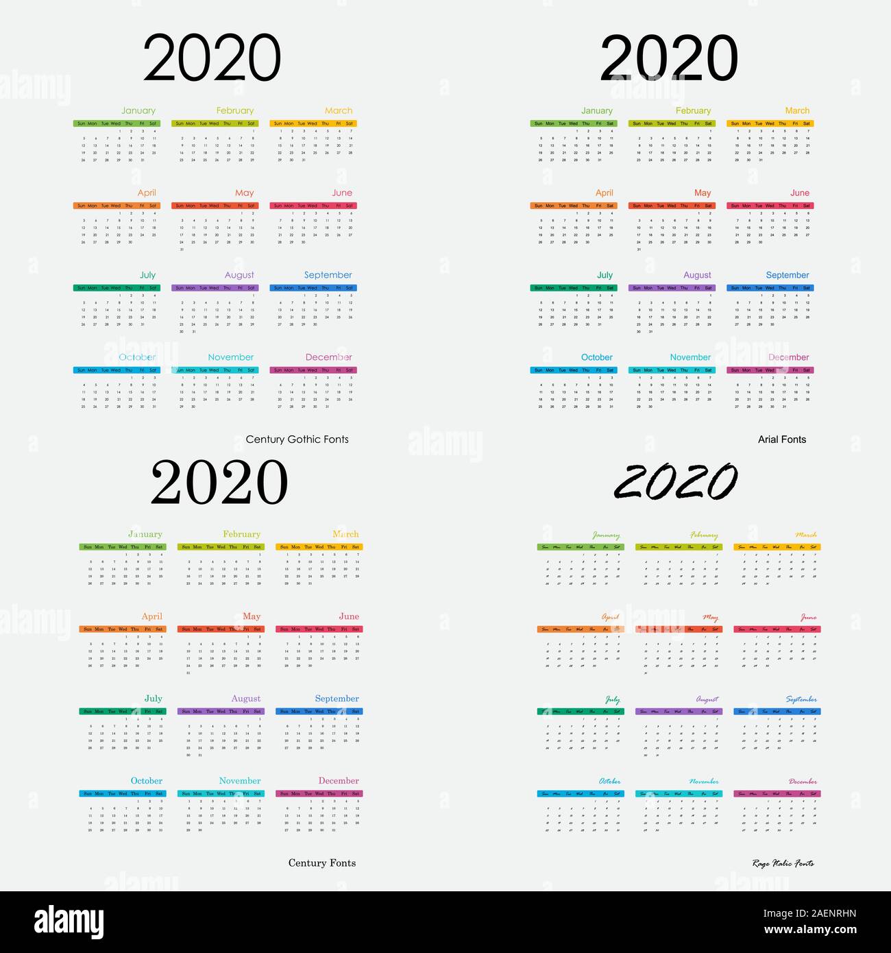 2020 Calendar Template.Calendar 2020 Set of 12 Months.Yearly calendar ...