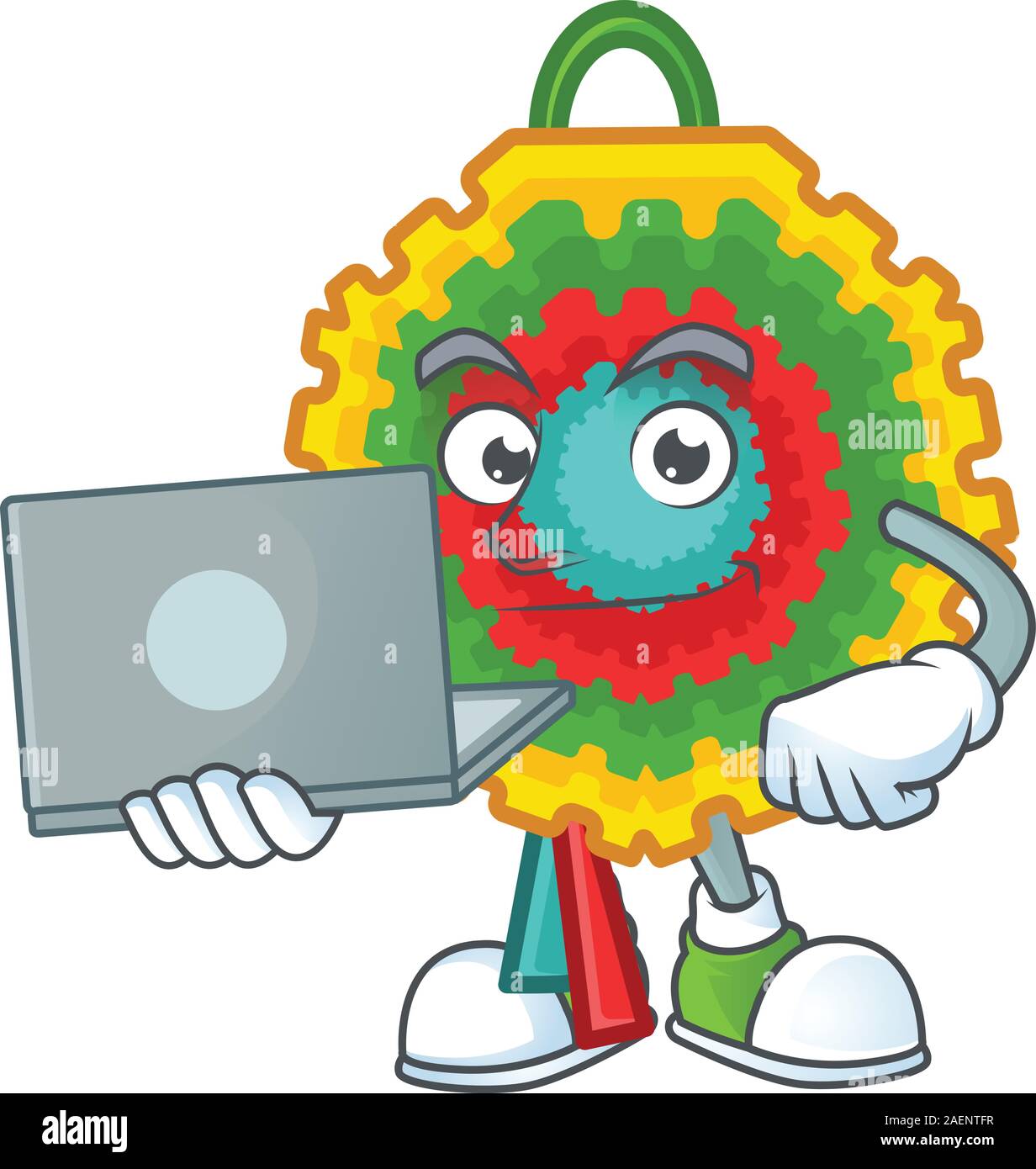 Happy smiling pinata cartoon character working with laptop Stock Vector ...