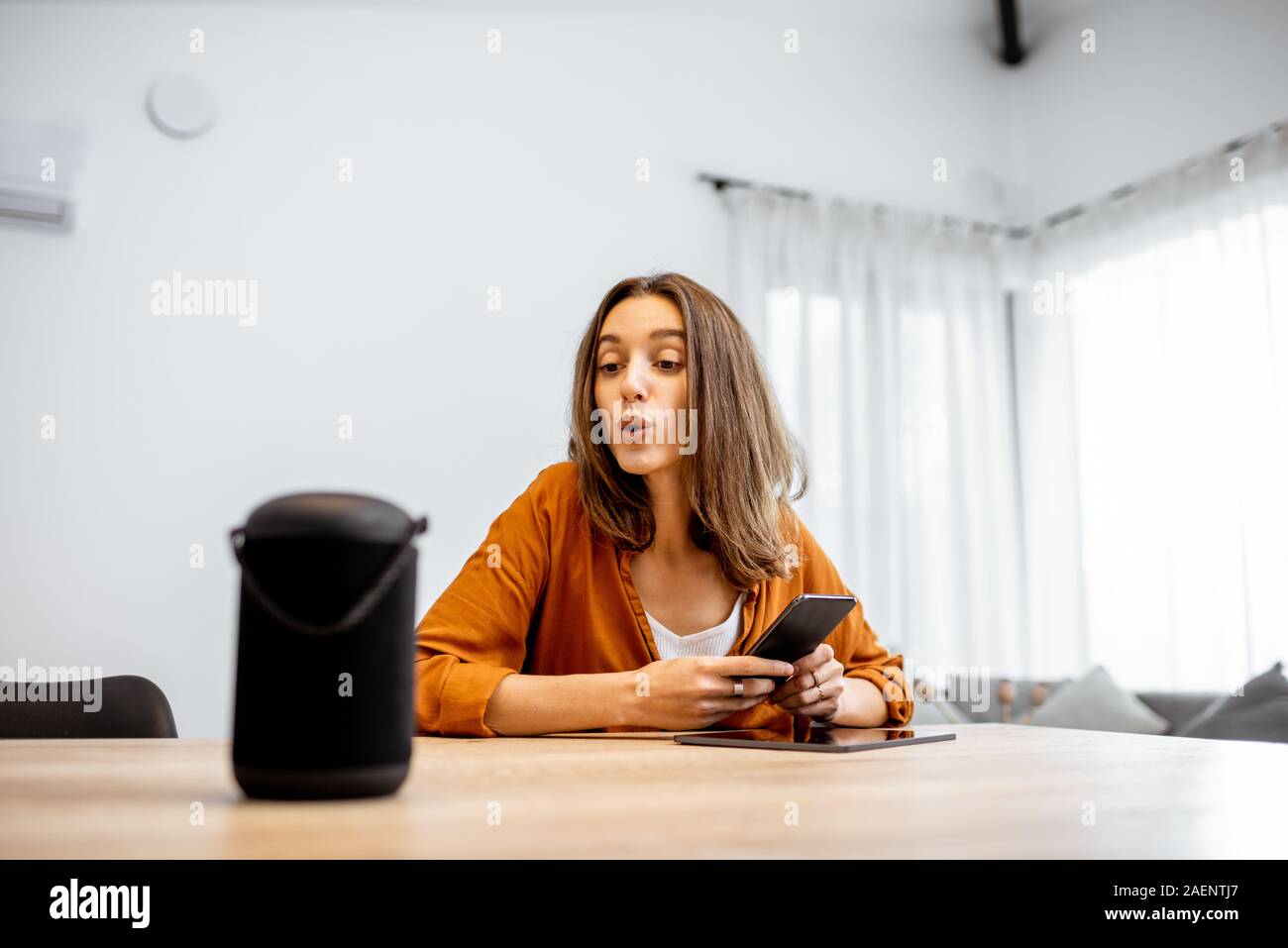 Young cheerful woman controlling home devices with a voice commands ...