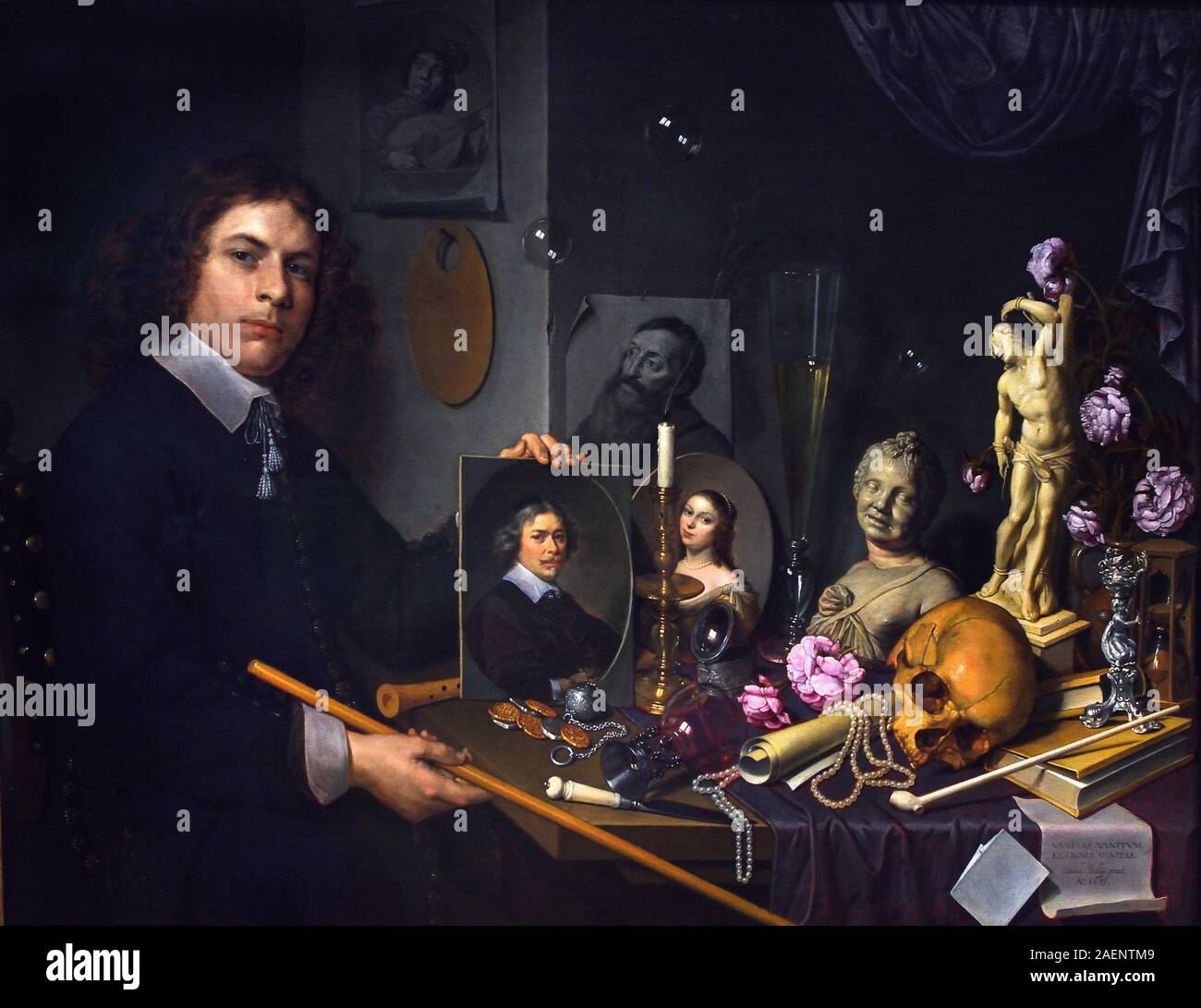 Vanitas still life with self portrait of the painter hi-res stock ...