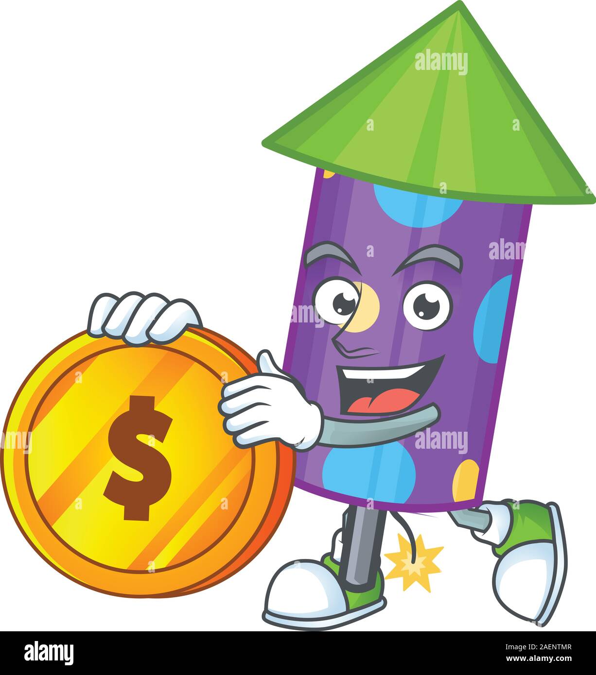 happy dot fireworks rocket cartoon character with gold coin Stock ...