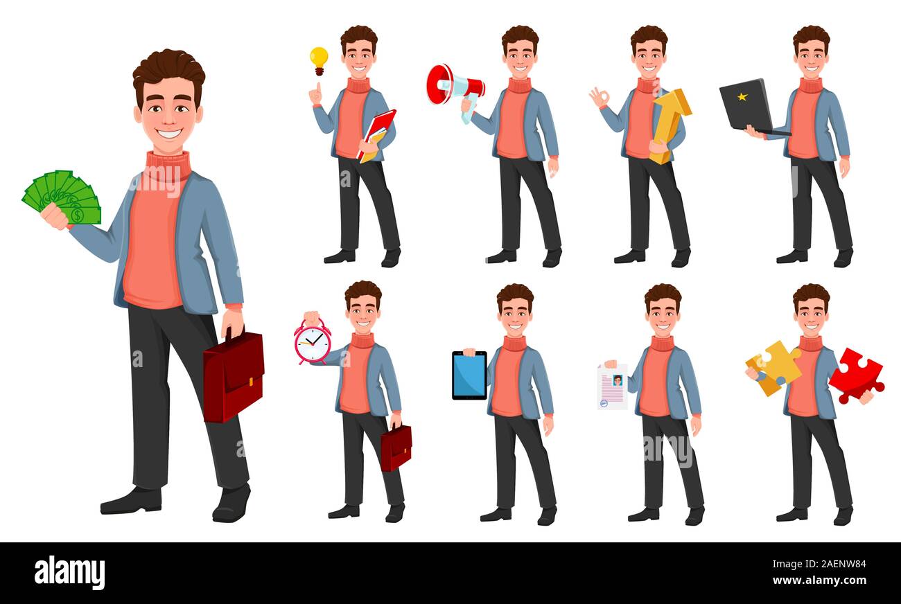 Successful business man, set of nine poses. Handsome businessman ...