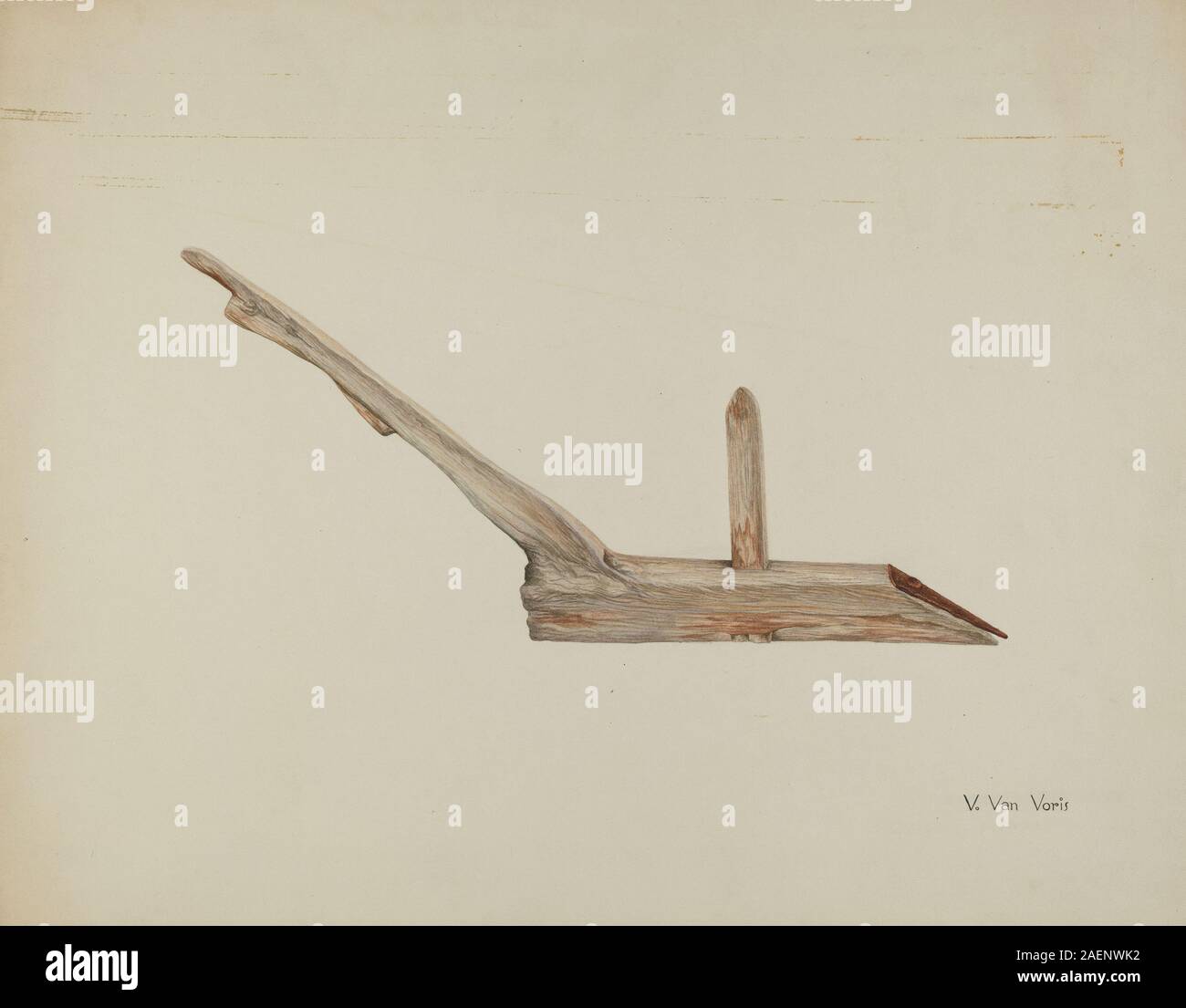 A wooden plow made by Vera Van Voris around 1938, showing wooden beam ...