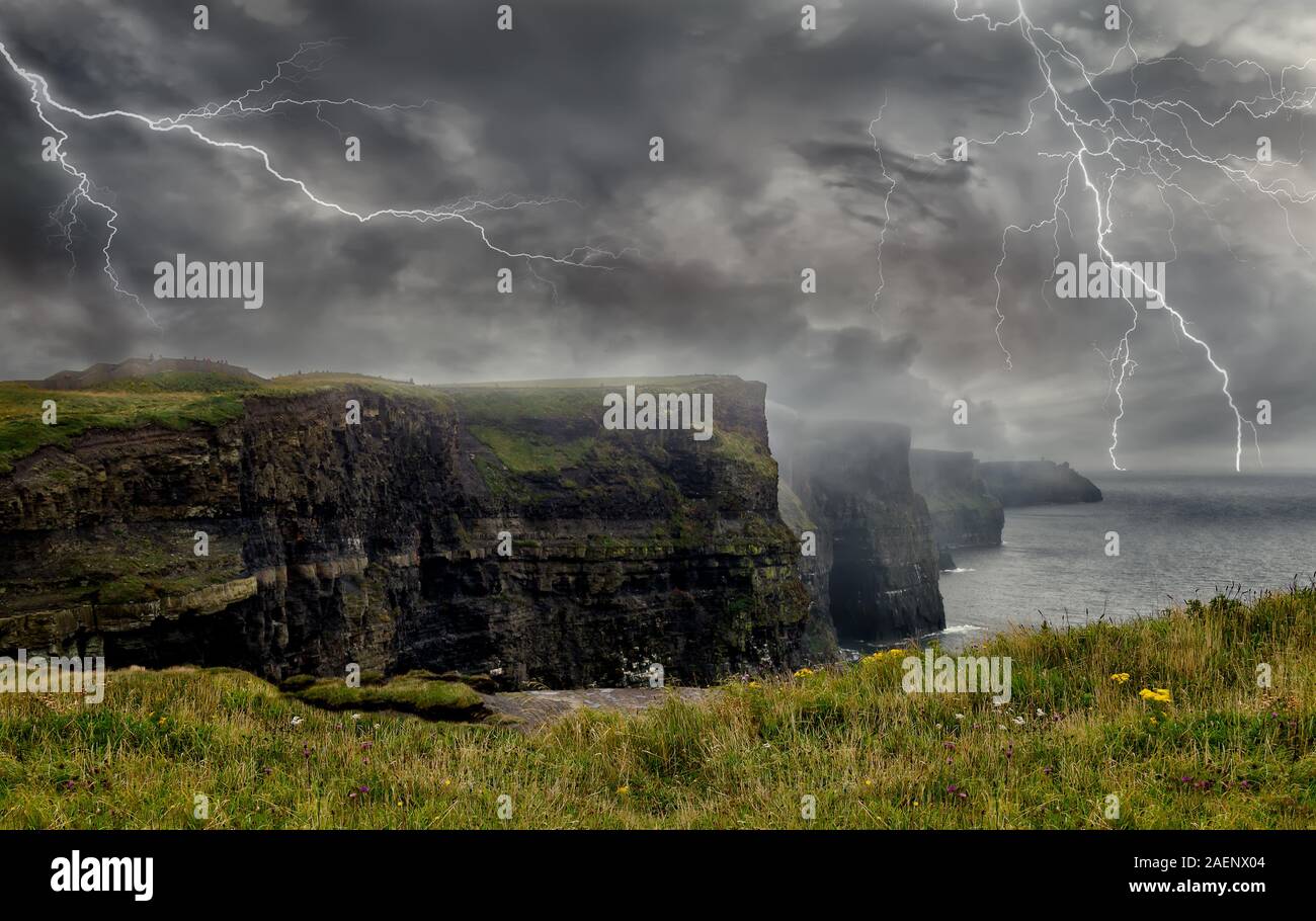 Spectacular Lightning storm in Cliffs of Moher. Ireland's Coast Stock ...