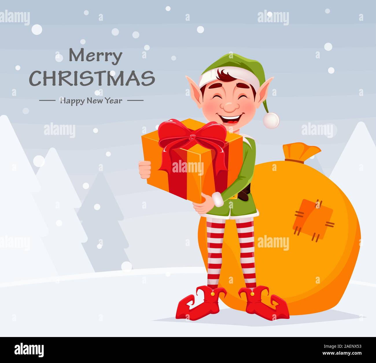 Merry Christmas greeting card with funny Elf. Santa Claus helper Elf ...