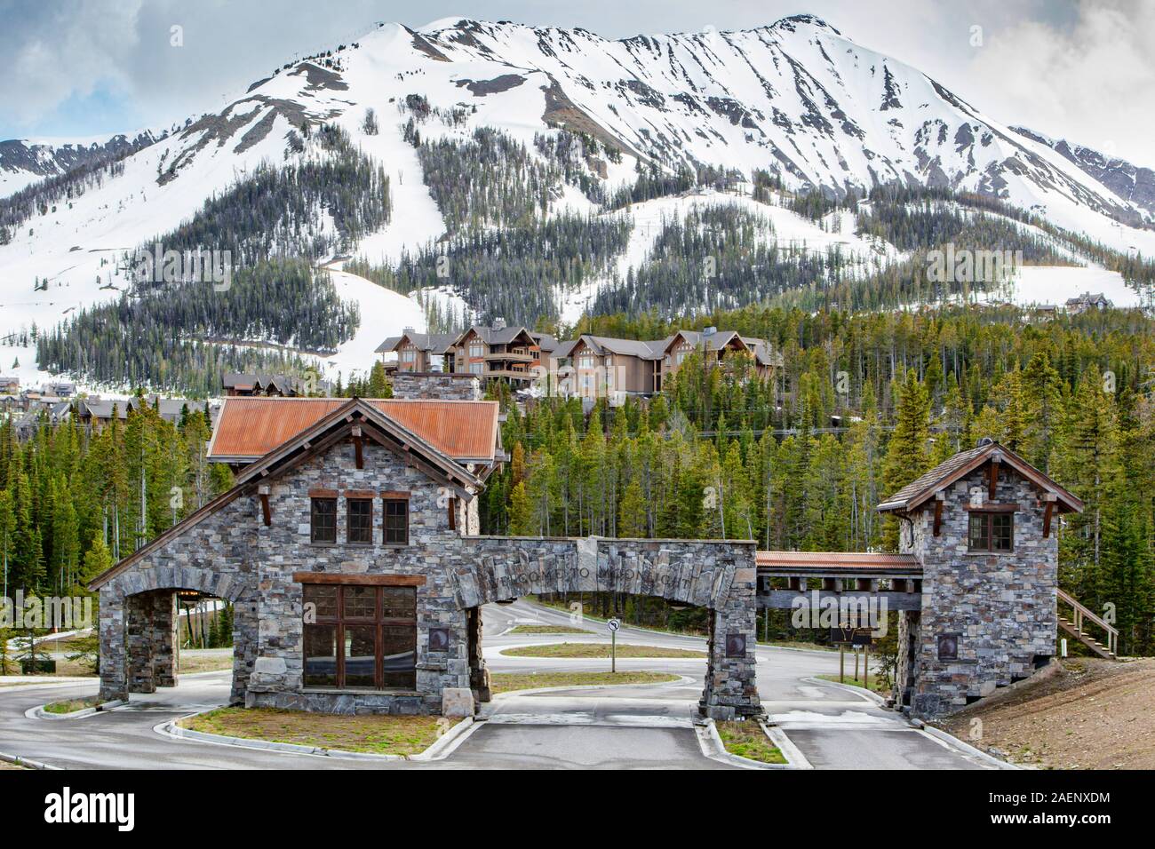moonlight basin entrance against pine trees and mountains, Southwestern ...