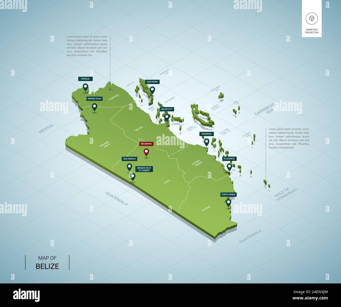 Stylized map of Belize. Isometric 3D green map with cities, borders ...