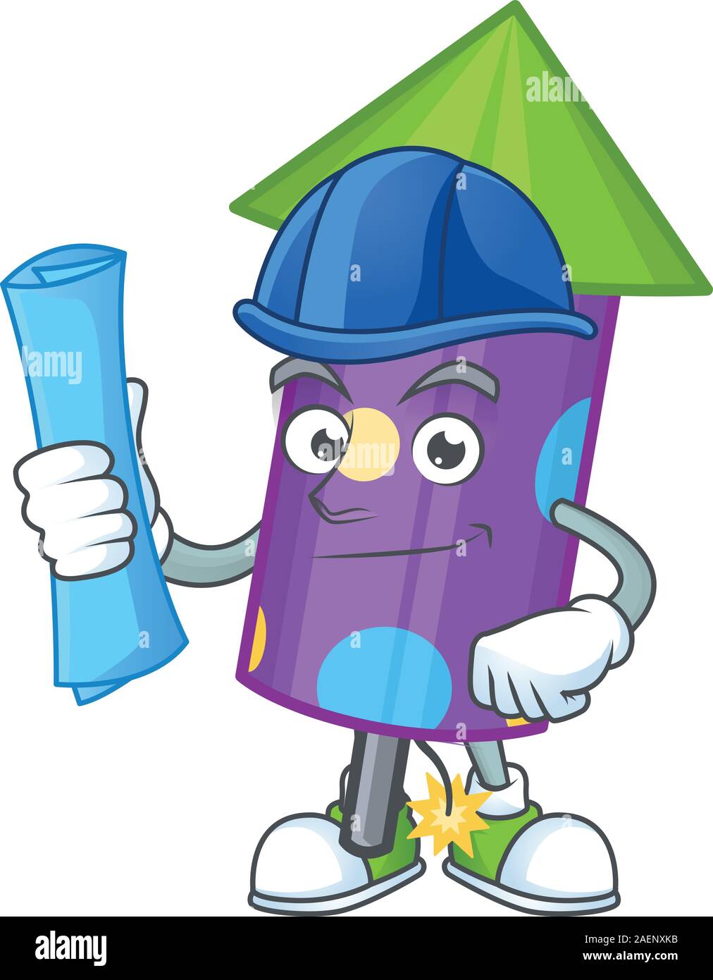 Cheerful Architect dot fireworks rocket cartoon style holding blue ...