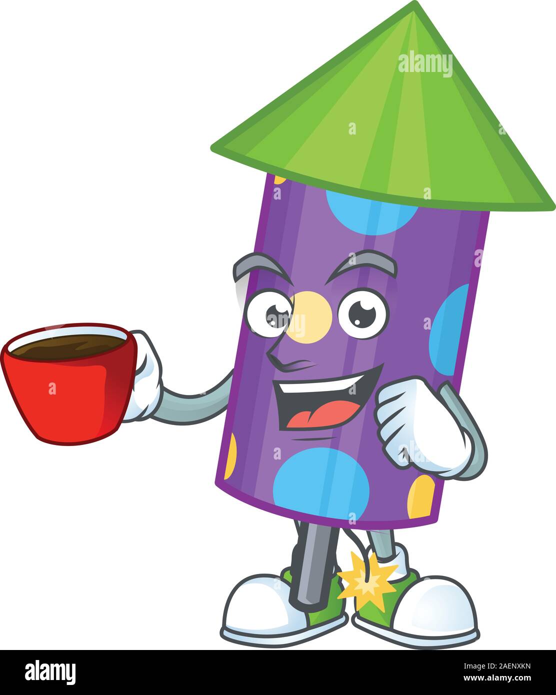 Sweet dot fireworks rocket cartoon character with a cup of coffee Stock ...