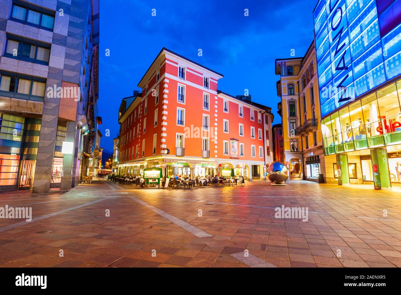 LUGANO, SWITZERLAND - JULY 09, 2019: Street cafe at the Piazza Dante ...