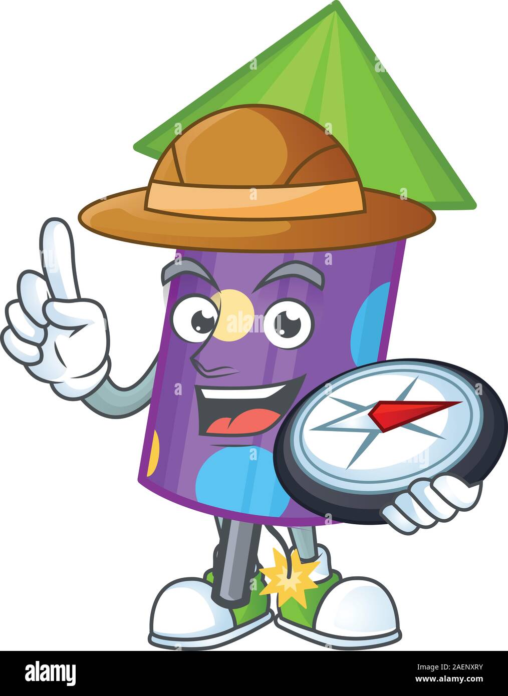 Explorer dot fireworks rocket cartoon character holding a compass Stock ...