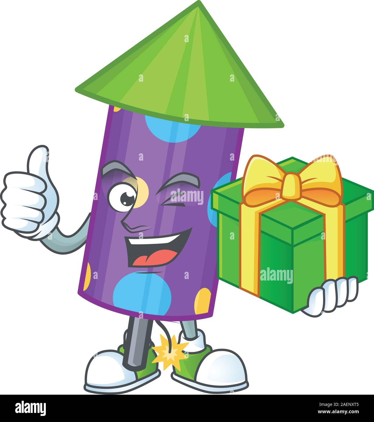 cartoon character of happy dot fireworks rocket with gift box Stock ...