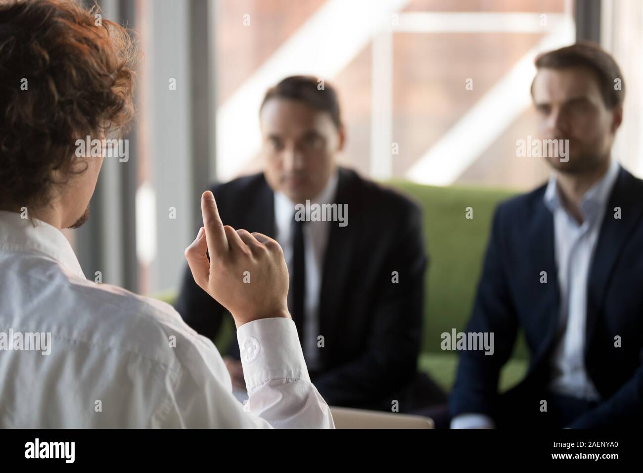 Close up confident candidate answering hr managers questions in ...
