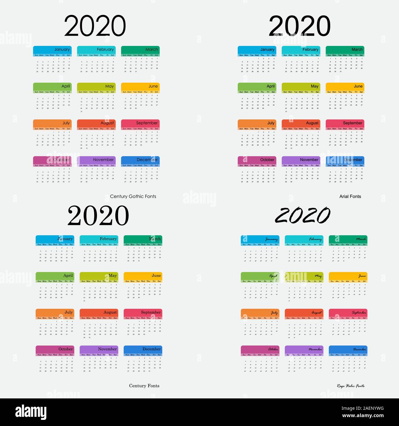 2020 Calendar Template.Calendar 2020 Set of 12 Months.Yearly calendar ...
