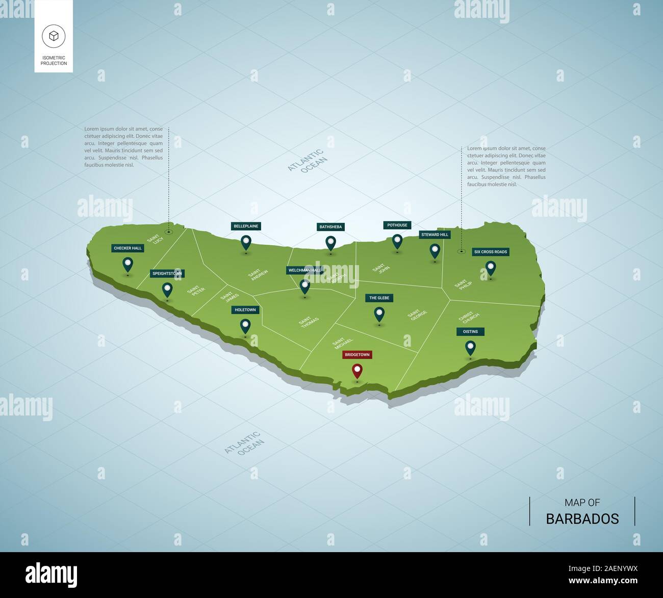 Stylized map of Barbados. Isometric 3D green map with cities, borders ...