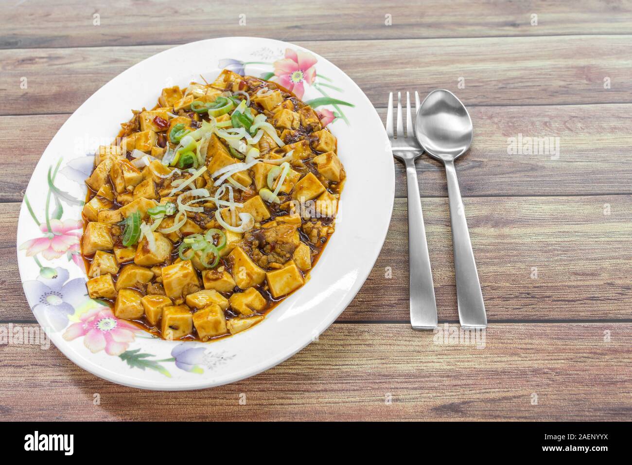 Asia China Chengdu Chongqing food on table, Mapo Toufu (bean curd), is ...