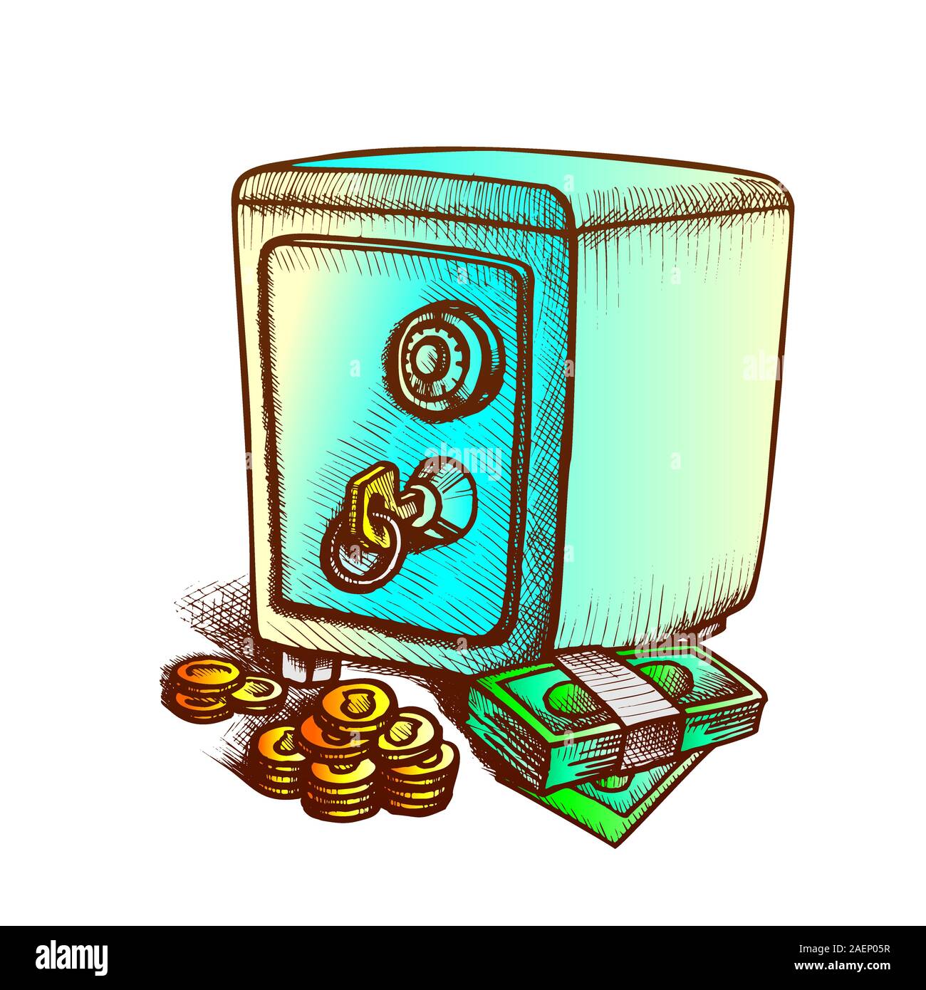 Money Banknotes, Coins And Metal Safe Ink Vector Stock Vector Image ...