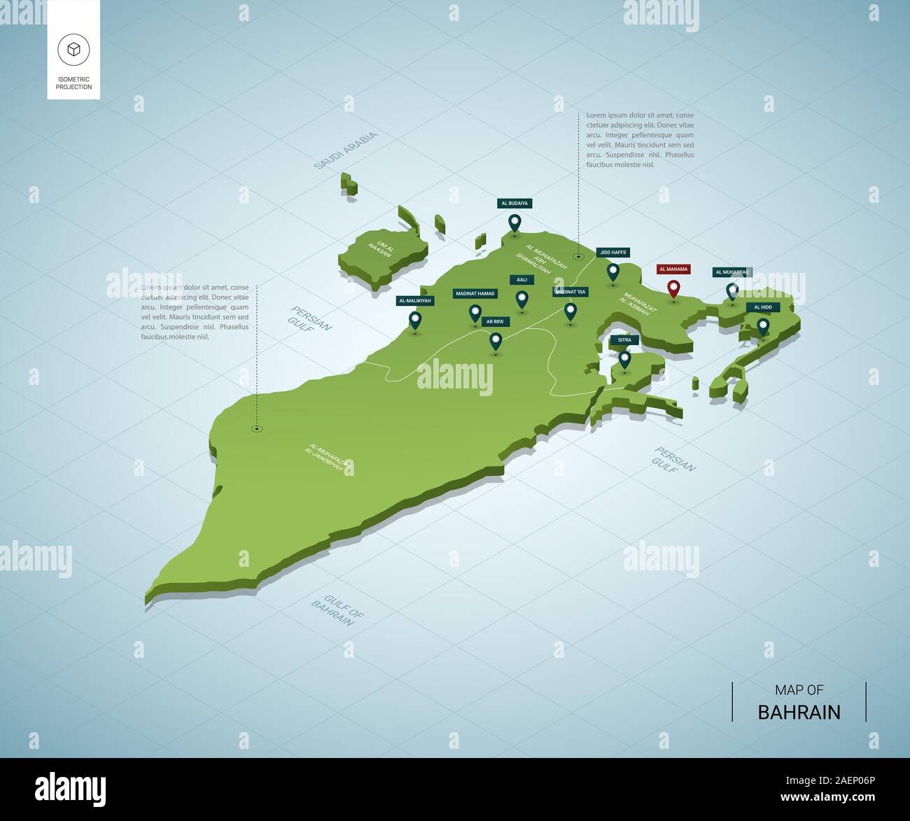 Stylized map of Bahrain. Isometric 3D green map with cities, borders ...