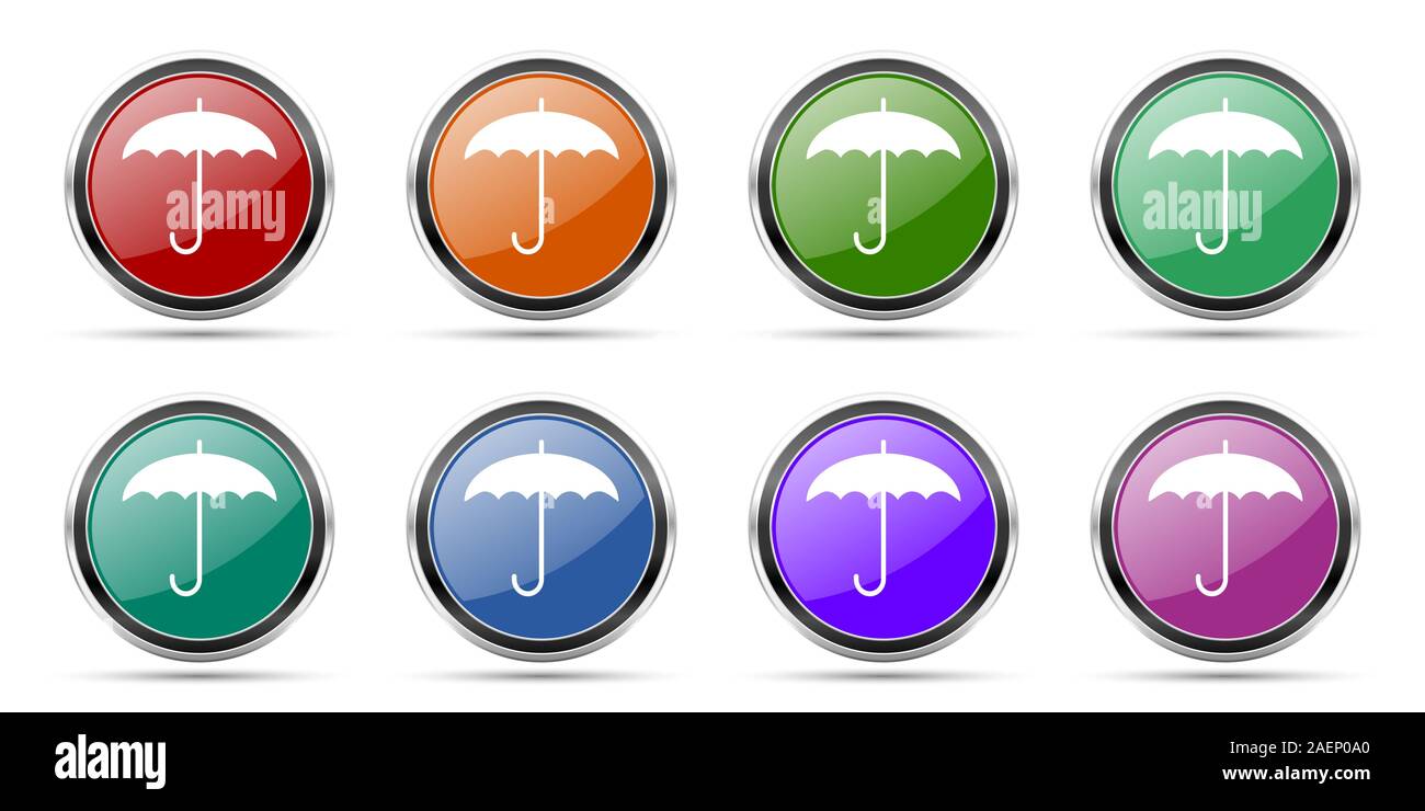 Umbrella icons, set of round glossy web buttons with silver metallic ...