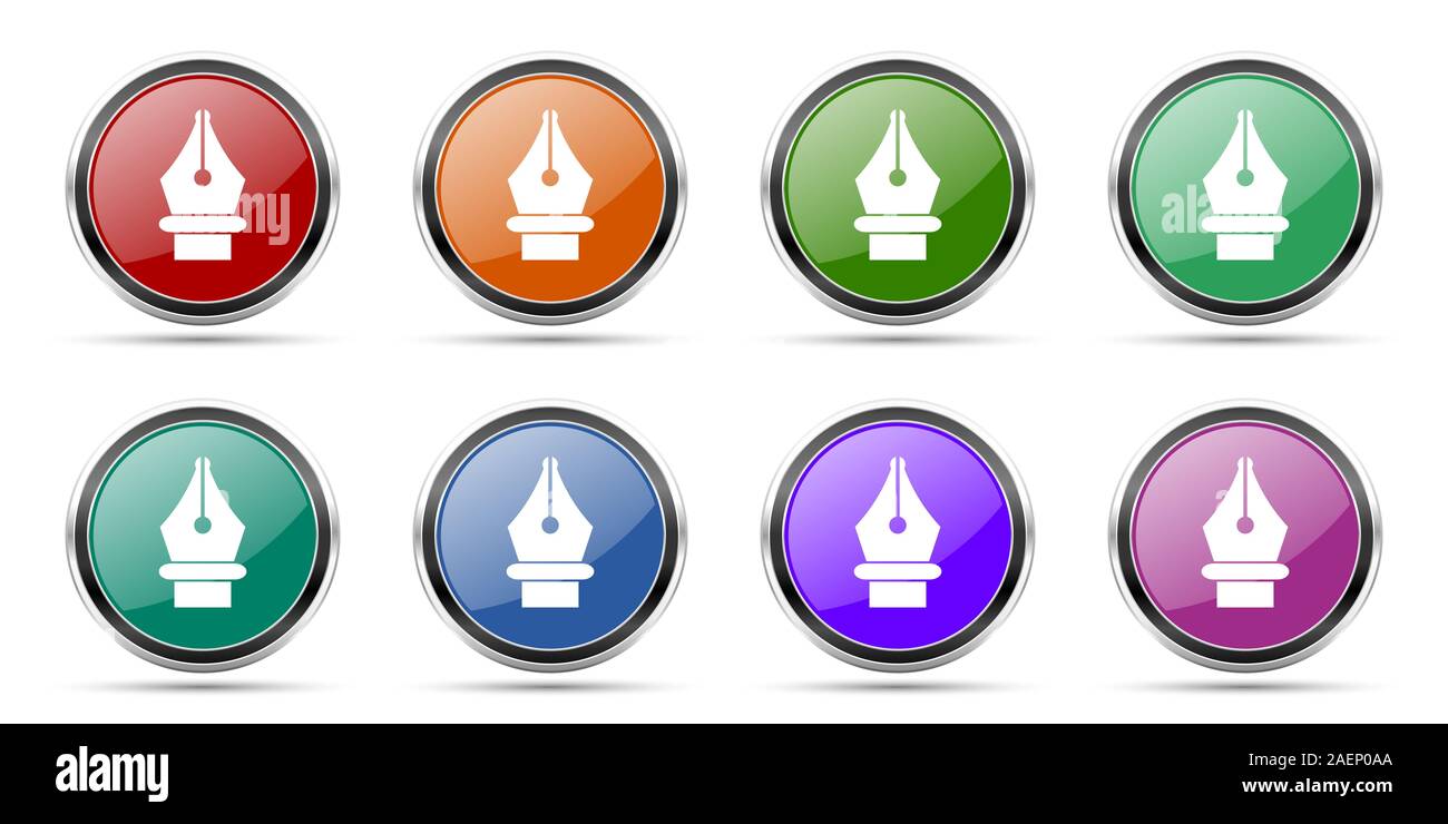 Pen icons, set of round glossy web buttons with silver metallic chrome ...