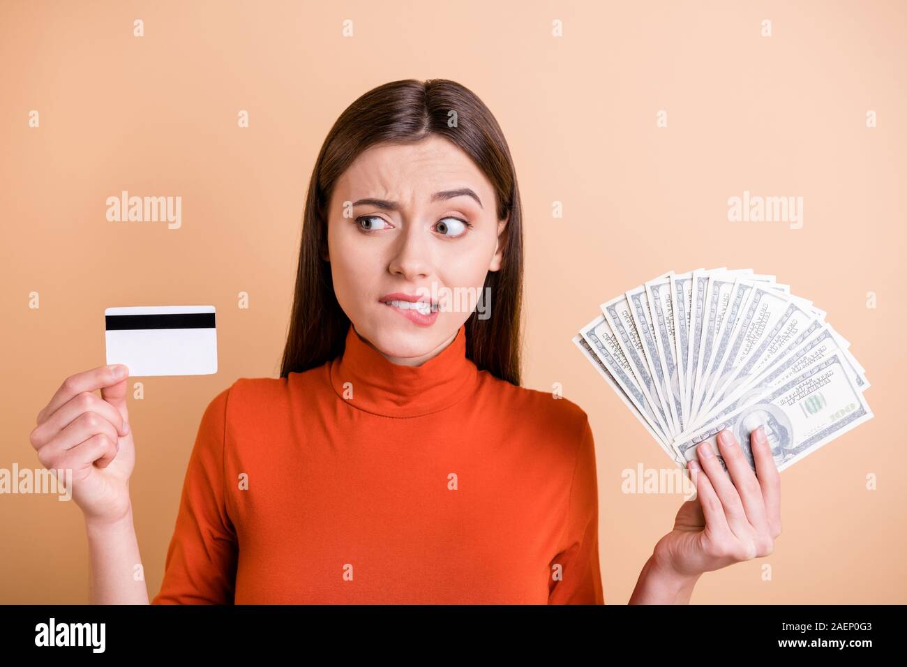 Photo of charming beautiful sad upset girlfriend looking suspiciously ...