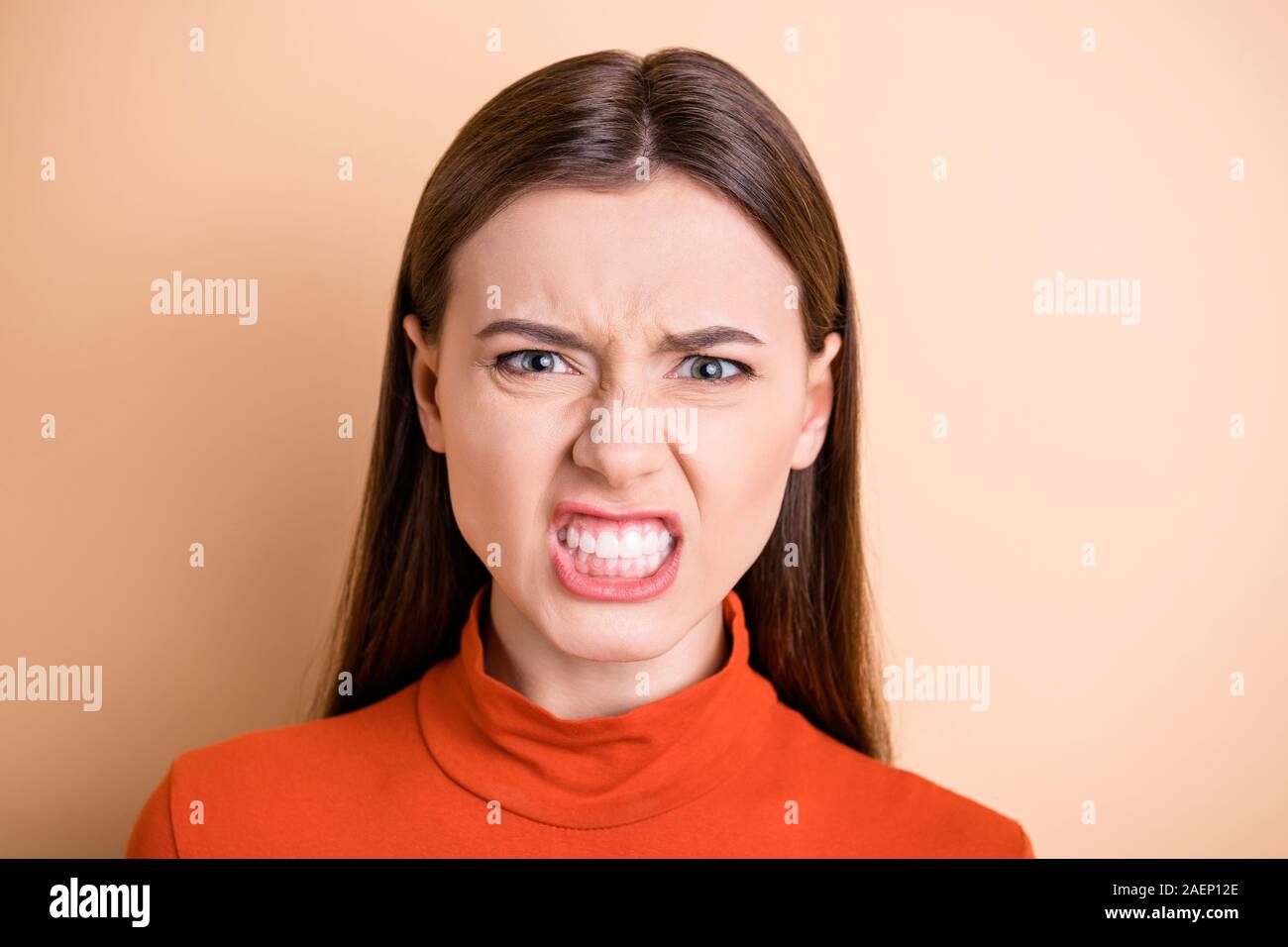 Close-up portrait of her she nice attractive sullen grumpy gloomy ...