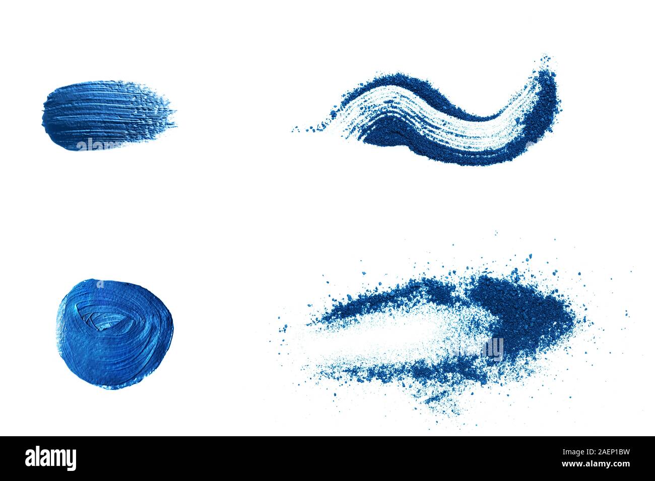 Blue concealer and eye shadow swatches isolated on white background ...