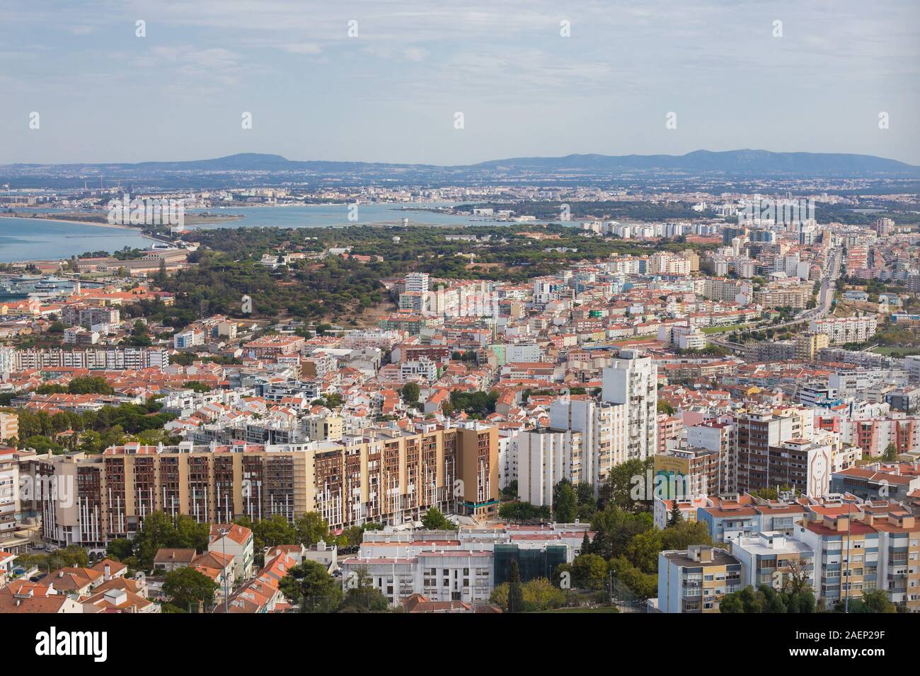 Aerial view of Almada municipality near Lisbon, Portugal Stock Photo ...