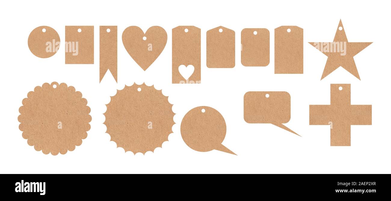 Beige recycled price tags various shapes isolated cutout against white ...