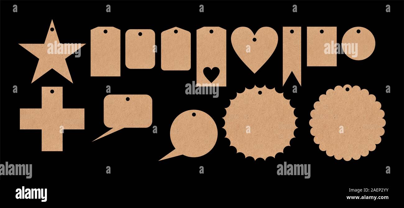 Beige recycled price tags various shapes isolated cutout against black ...