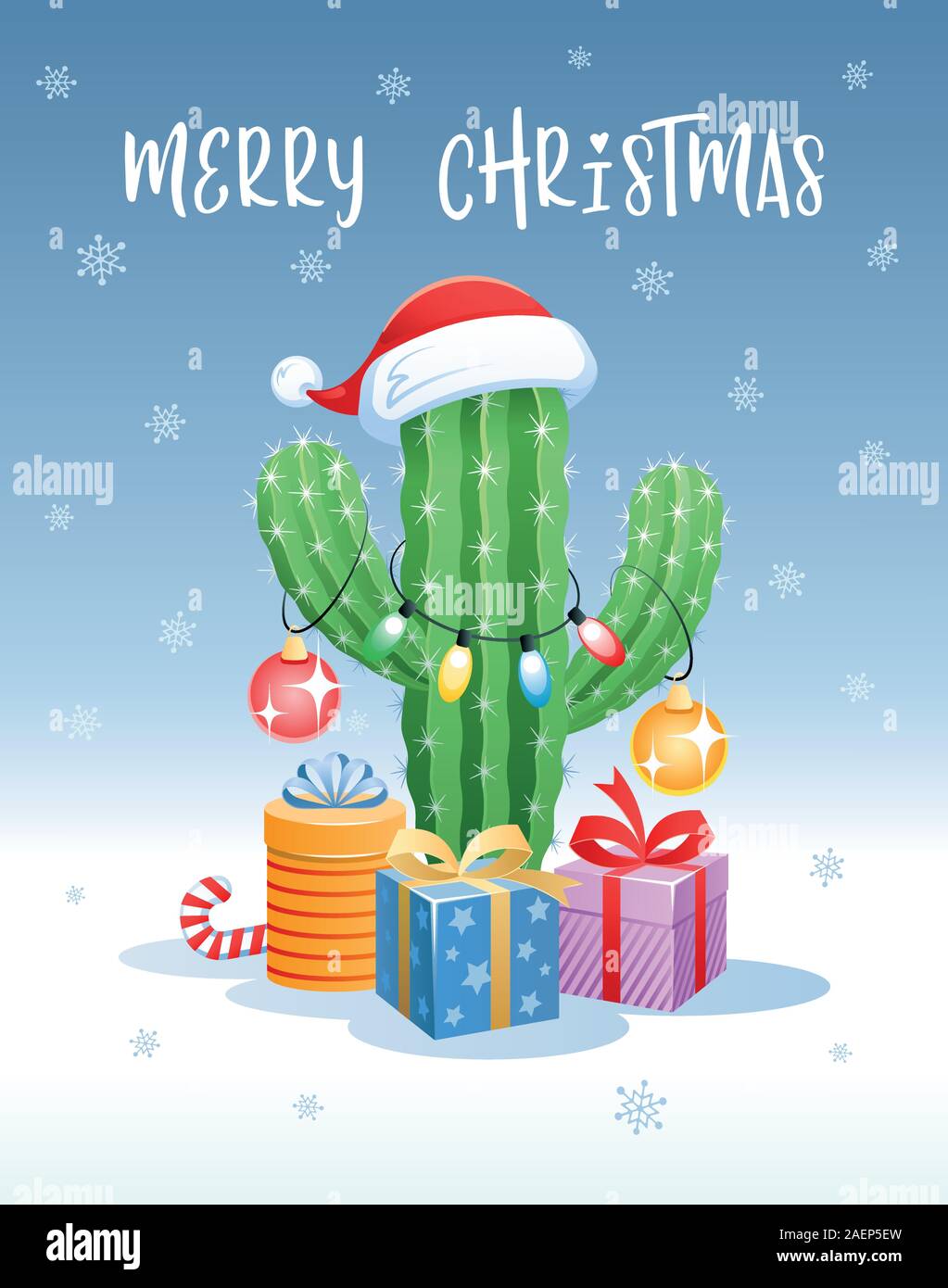 Merry Christmas. Greeting card with a cactus, gifts and Christmas light ...